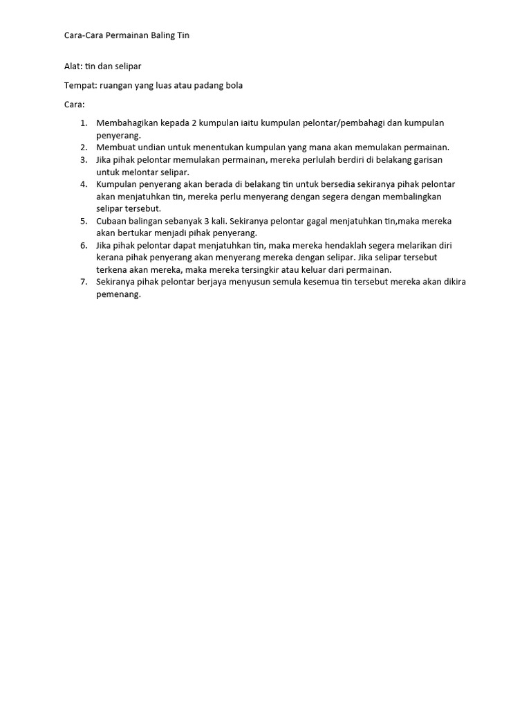Panduan Permainan Baling Tin | PDF | Olahraga & Rekreasi