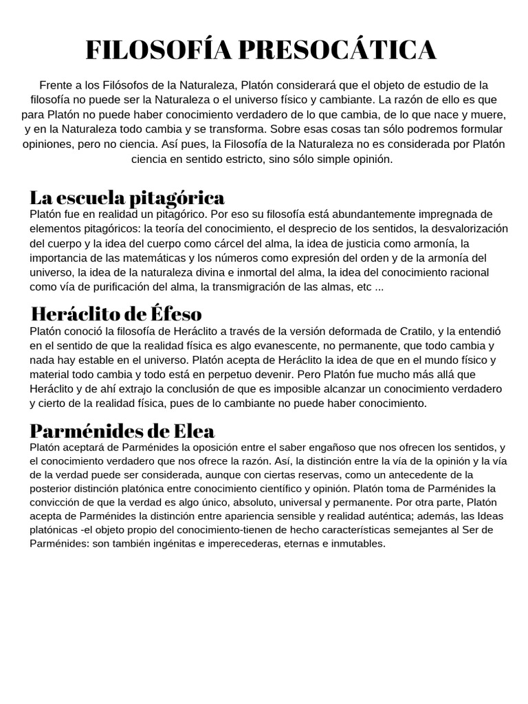 Resumen de los Presocráticos | PDF | Platón | Conocimiento