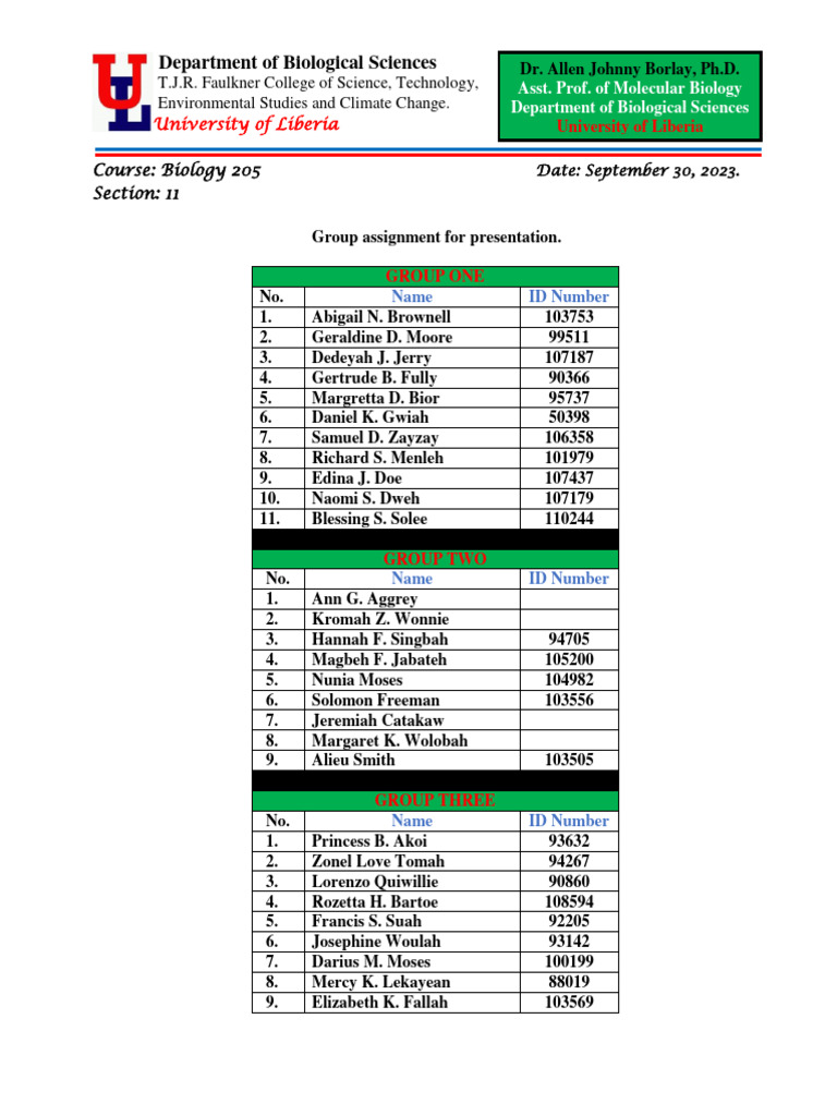 Biology 205 Assignment Groups | PDF