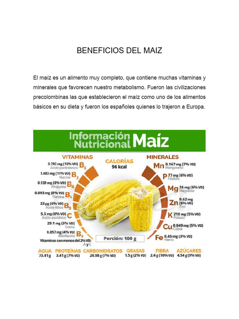 BENEFICIOS DEL MAIZ | PDF | Alimentos | Especialidades Medicas BENEFICIOS DEL MAIZ | PDF | Alimentos | Especialidades Medicas