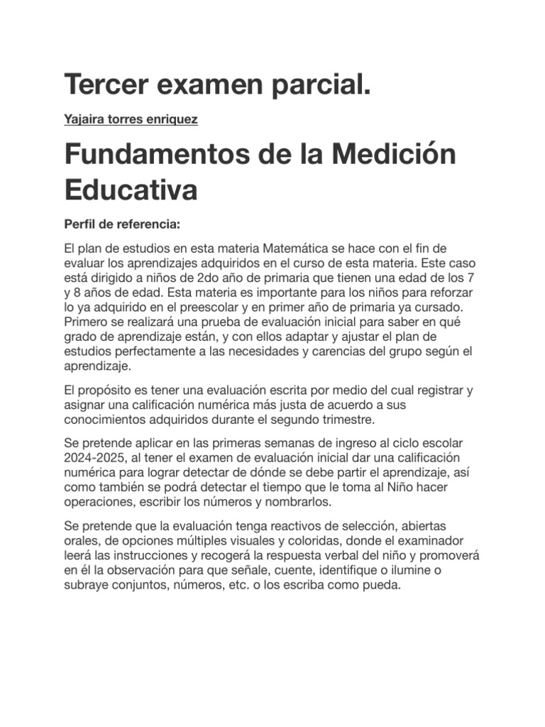 Examen Tercer Parcial (Evaluación) | PDF | Evaluación | Educación de la primera infancia