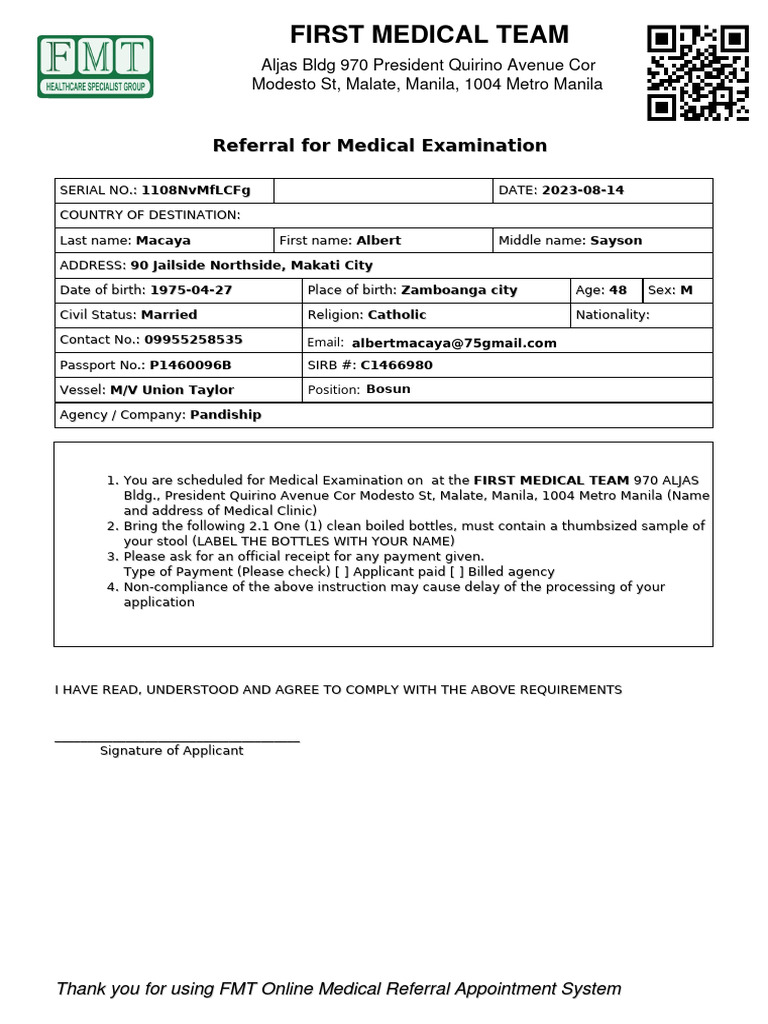 First Medical Team: Referral For Medical Examination | PDF