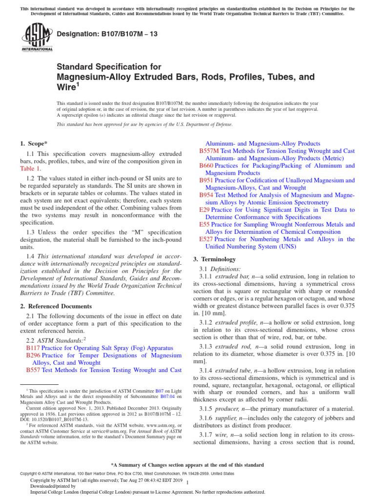 ASTM B107 - 2000 - Standard Specification For Magnesium-Alloy Extruded Bars, Rods, Profiles ...