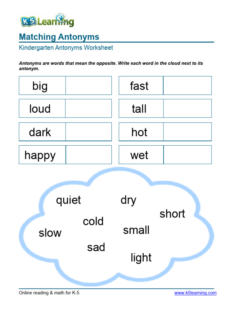 Kindergarten Matching Write Word Antonyms 1 | PDF