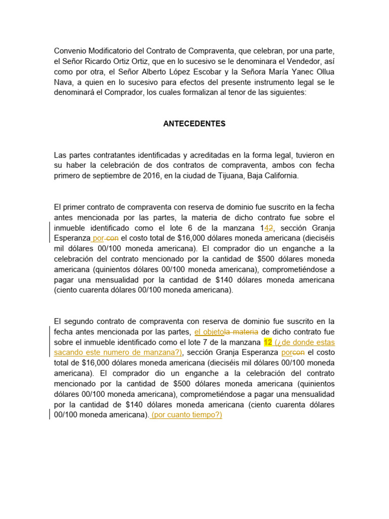 Convenio Modificatorio Del Contrato de Compraventa | PDF | Dólar de los ...