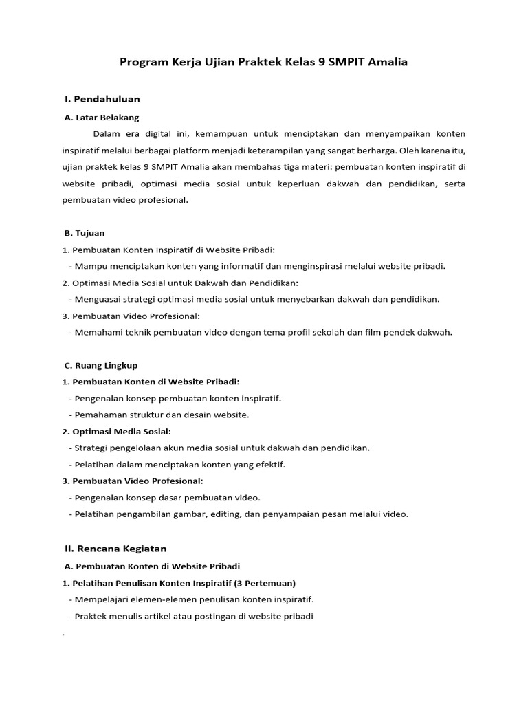 Program Kerja Ujian Praktek Kelas 9 SMPIT Amalia 2023-2024 | PDF