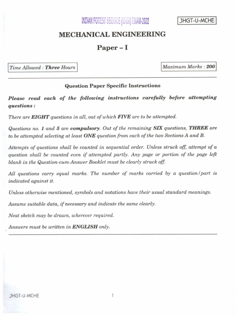 QP-IFSM-22-281122-MECHANICAL-ENGINEERING-PAPER-I | PDF