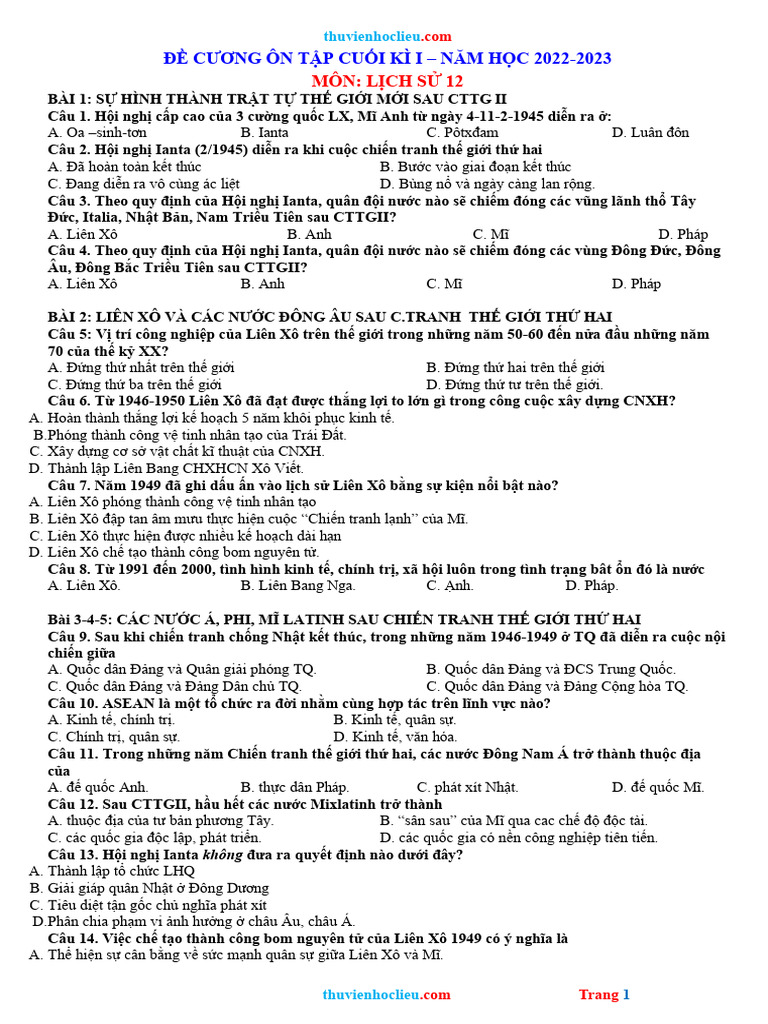 De Cuong On Tap Lich Su 12 HK1 2022 2023 | PDF