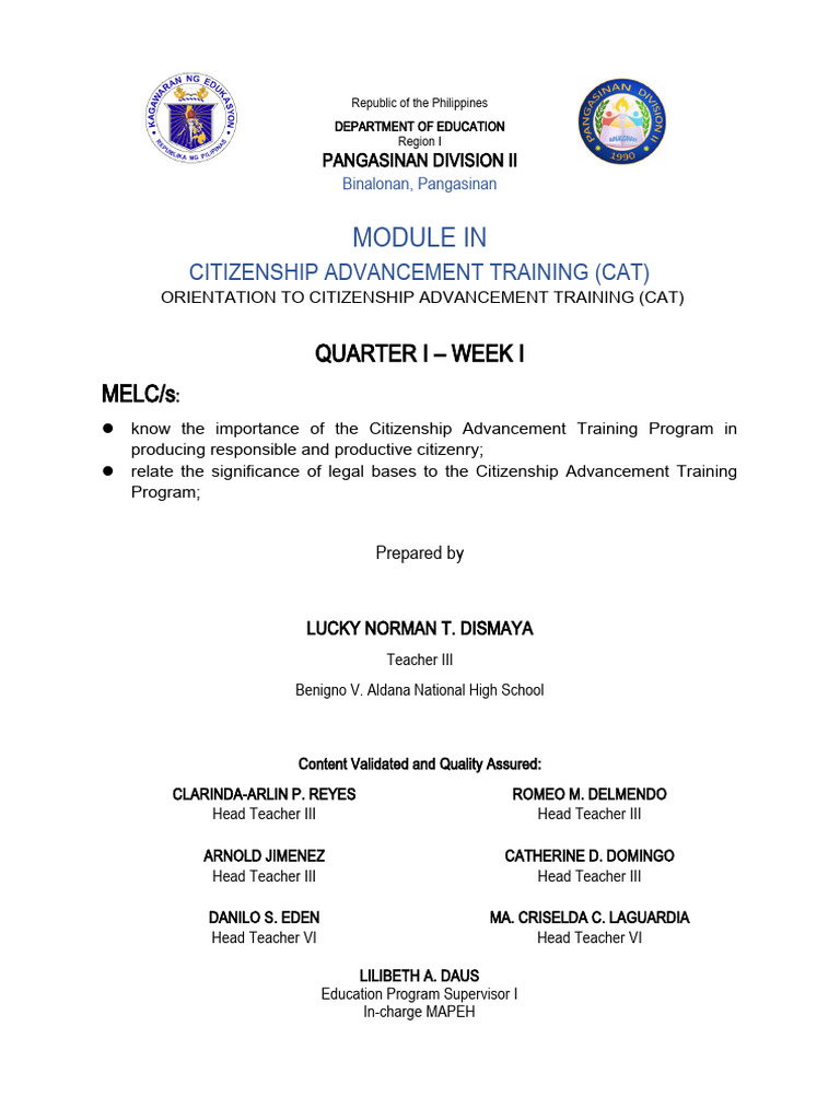 CAT Module Q1.. Week 1 Orientation To Citizenship Advancement Training ...
