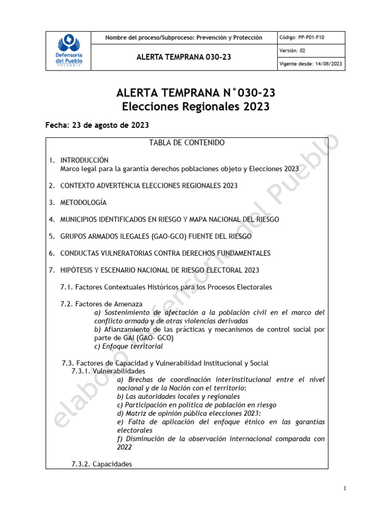 Alerta Temprana 030-23 | PDF | Democracia | Ideologías políticas