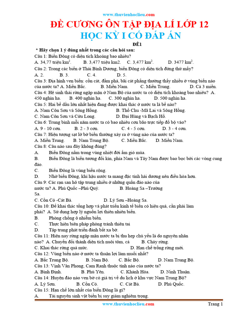 De Cuong On Thi Dia Li 12 HK1 Co Dap An | PDF