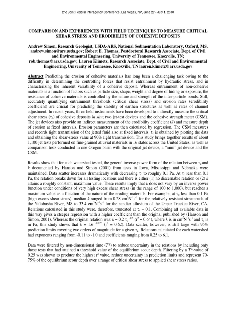 Comparison and Experiences With Field Techniques To Measure Critical Shear Stress and ...