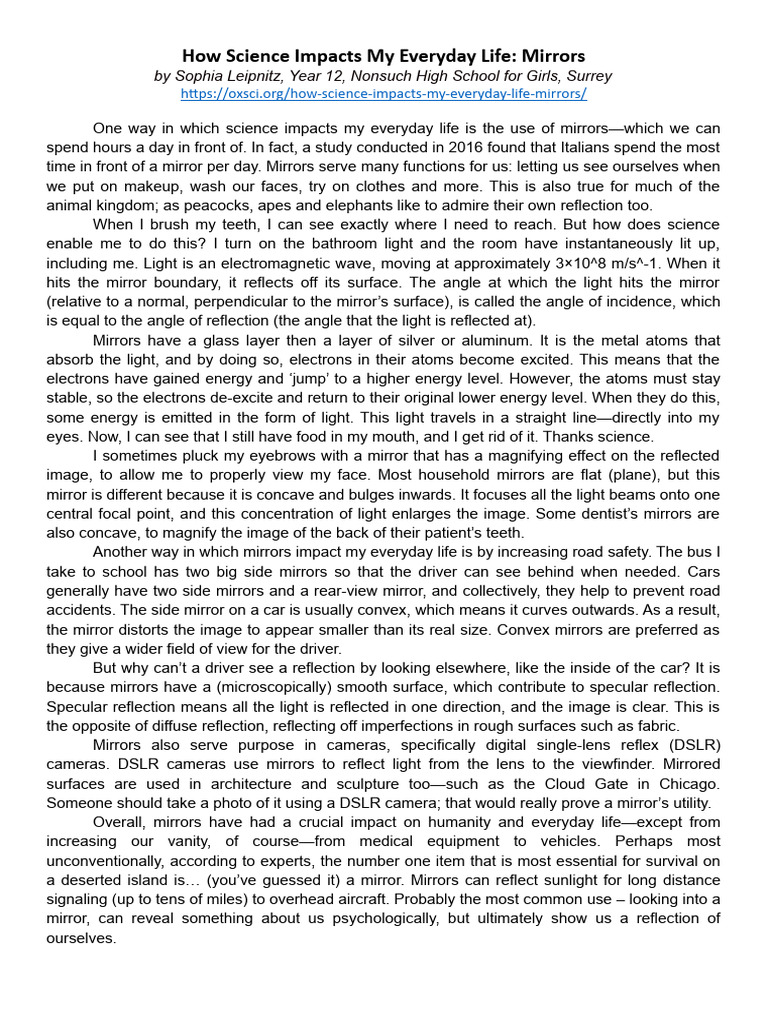 How Science Impacts My Everyday Life | PDF | Mirror | Equipment