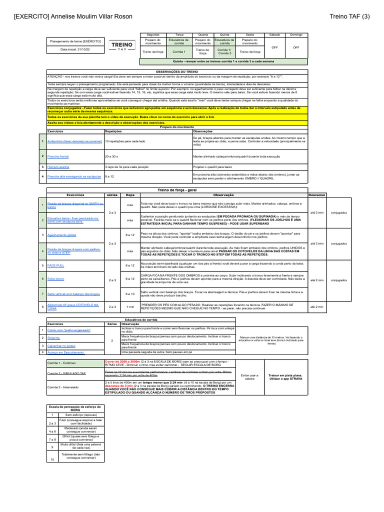 (EXERCITO) Annelise Moulim Villar Roson - Treino TAF | PDF