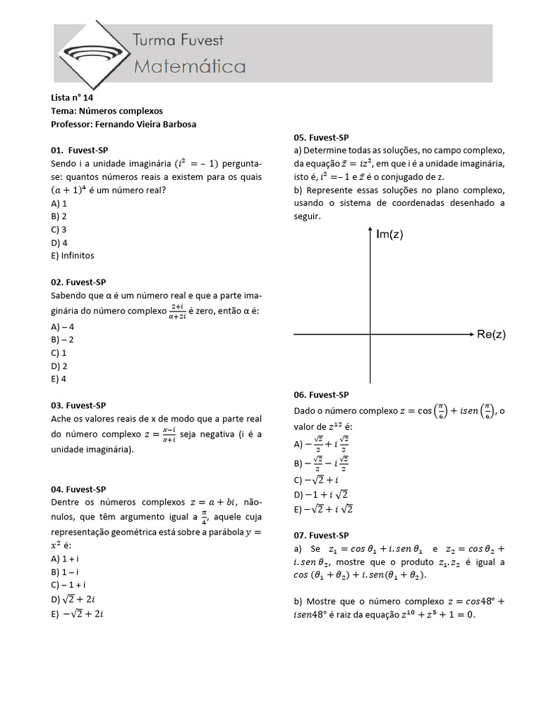 Lista de Matemática N°14 - Fuvest | PDF | Número complexo | Números
