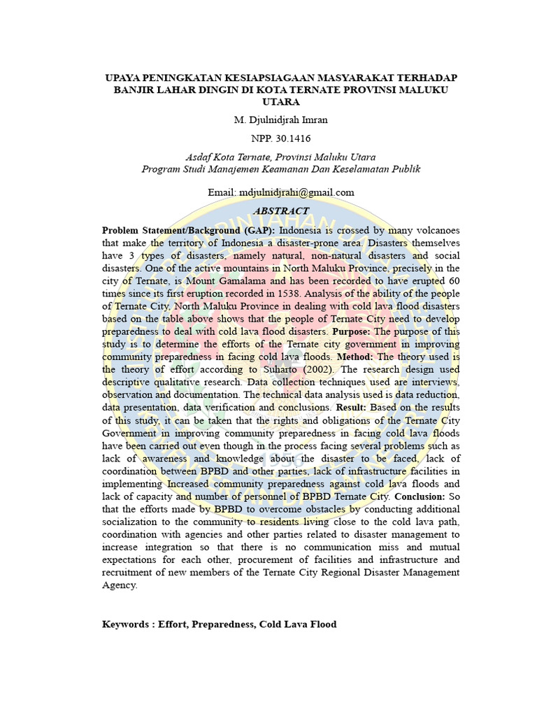 Upaya Peningkatan Kesiapsiagaan Masyarakat Terhadap Banjir Lahar Dingin Di Kota Ternate Provinsi ...