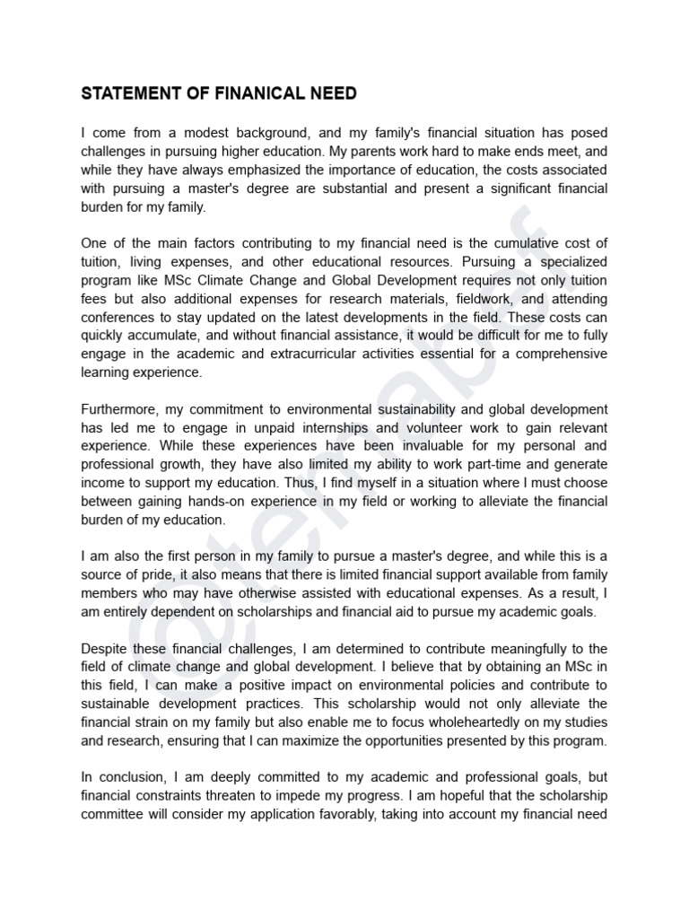 Statement of Financial Need 1 | PDF | Sustainability | International ...