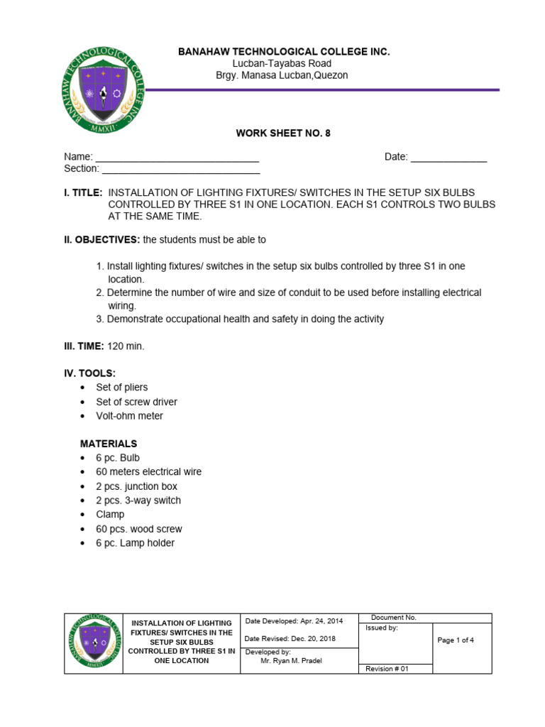 8th-Wiring-Worksheet - Install Lighting Fixtures | PDF | Lighting ...