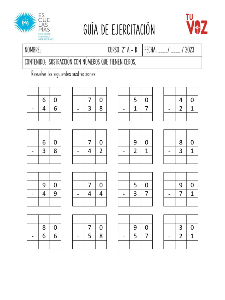 Sustracciones con Números y Cer0s | PDF