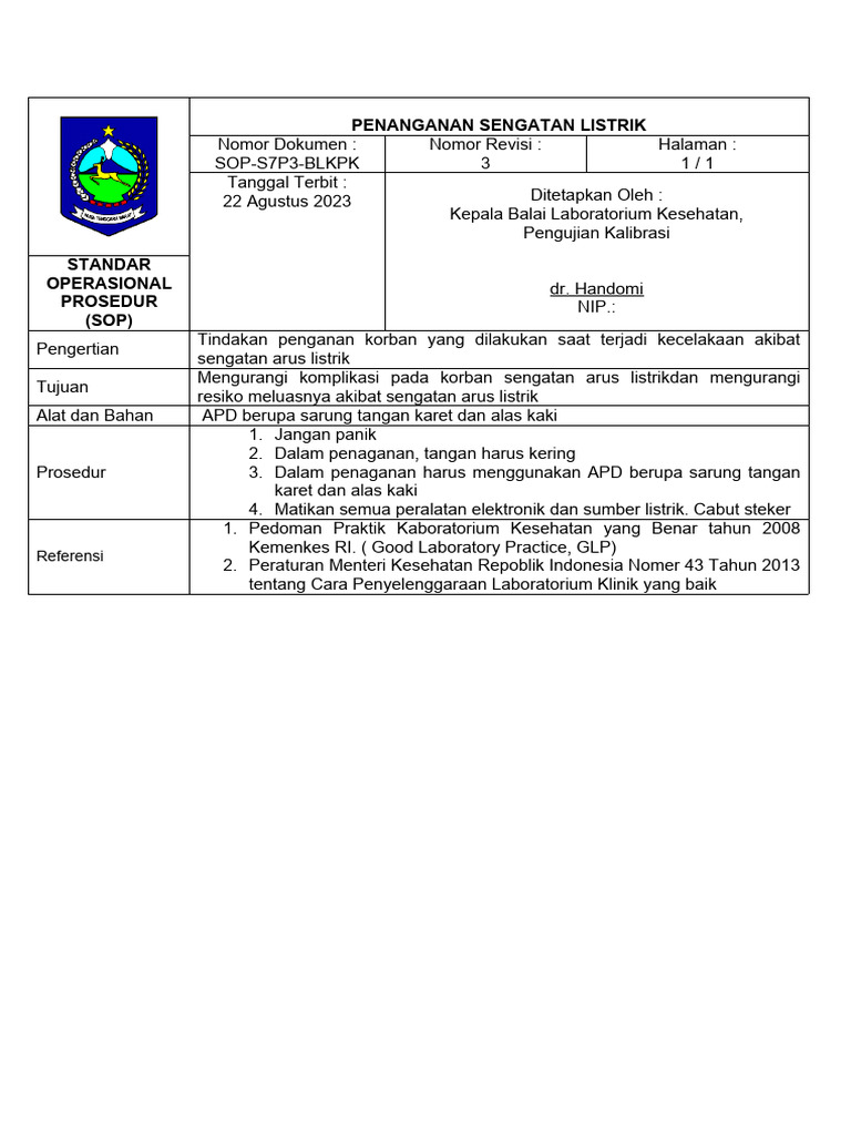 Sop Revisi PENANGANAN SENGATAN LISTRIK | PDF | Teknologi & Rekayasa