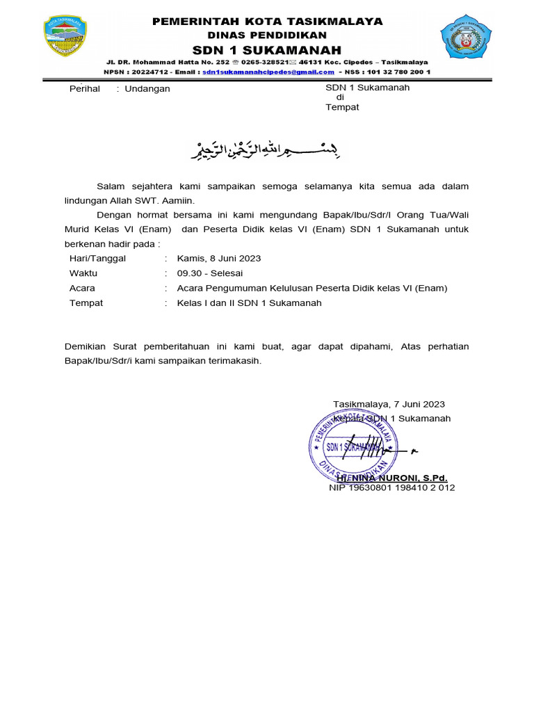 Undangan Pengumuman Kelulusan Kelas VI 2023 | PDF