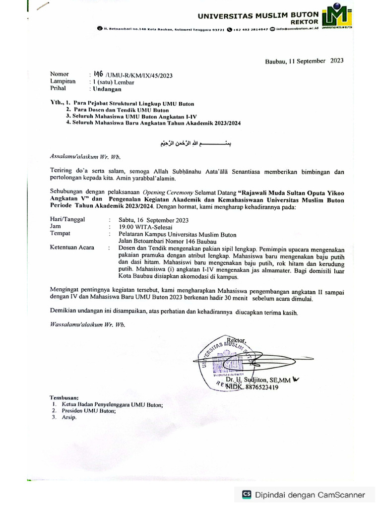 Undangan Opening Ceremony Dan Pelaksanaan PKKMB 2023 | PDF