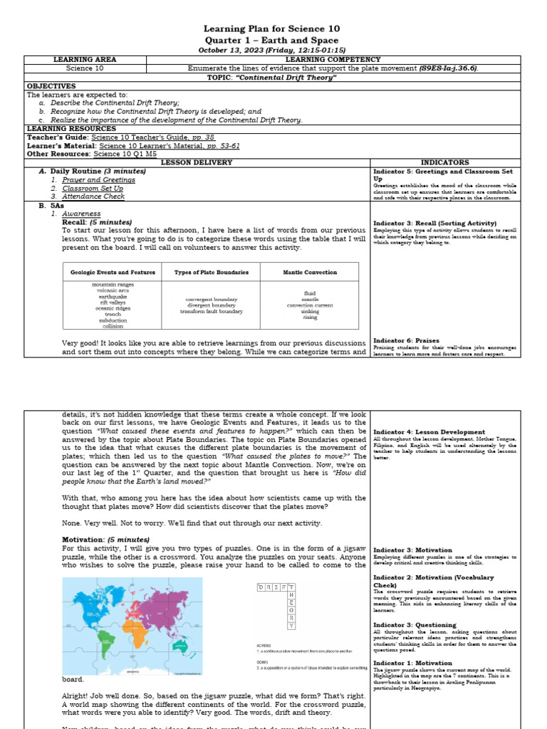 Cot Lesson Plan Q1 Download Free Pdf Plate Tectonics Learning