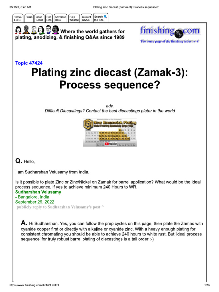 Plating Zinc Diecast (Zamak-3) Process Sequence | PDF