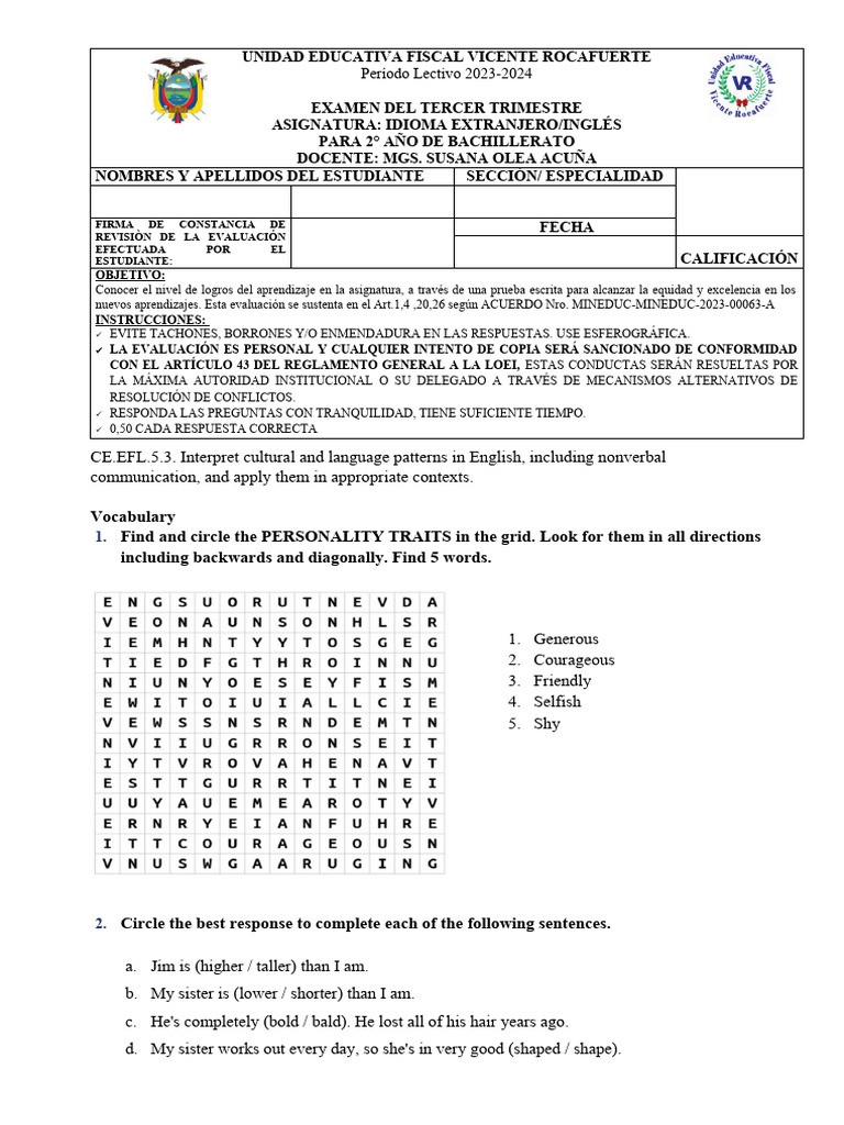 2ND English Exam Iii Term 2 | PDF