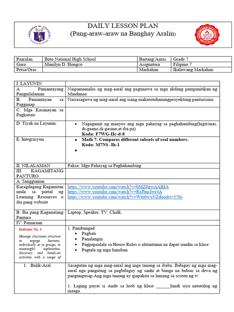 Banghay Aralin Sa Filipino 7 | PDF