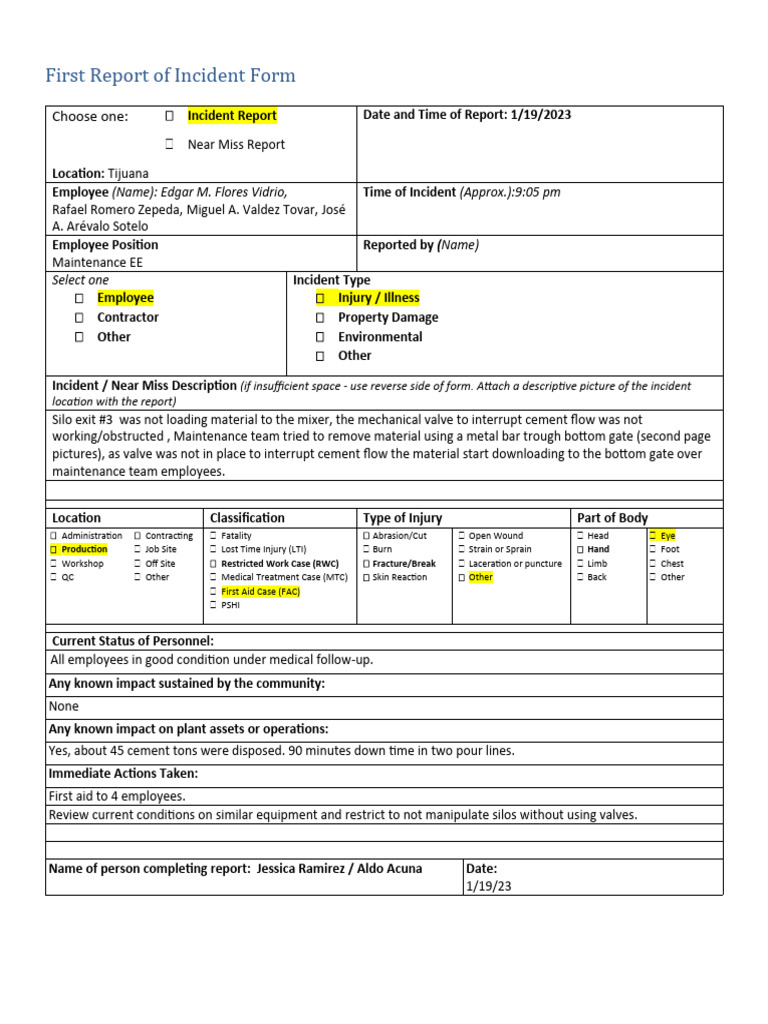 First Report of Incident Form 010182023 | PDF | Injury | Wound
