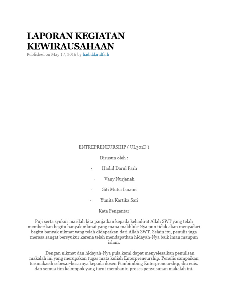 Laporan Kegiatan Kewirausahaan | PDF