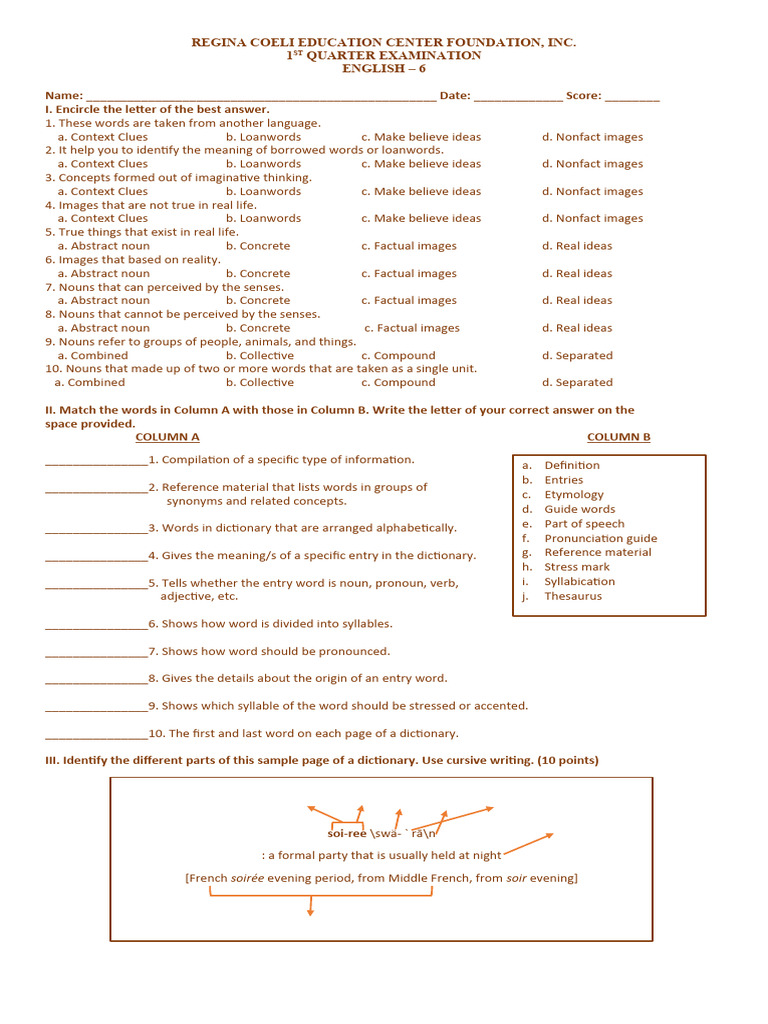Grade 6 English 1st Quarter Exam | PDF | Abstraction | Word