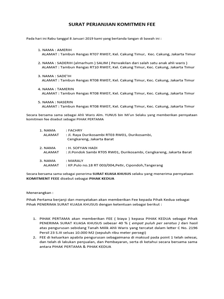 Surat Perjanjian Komitmen Fee | PDF