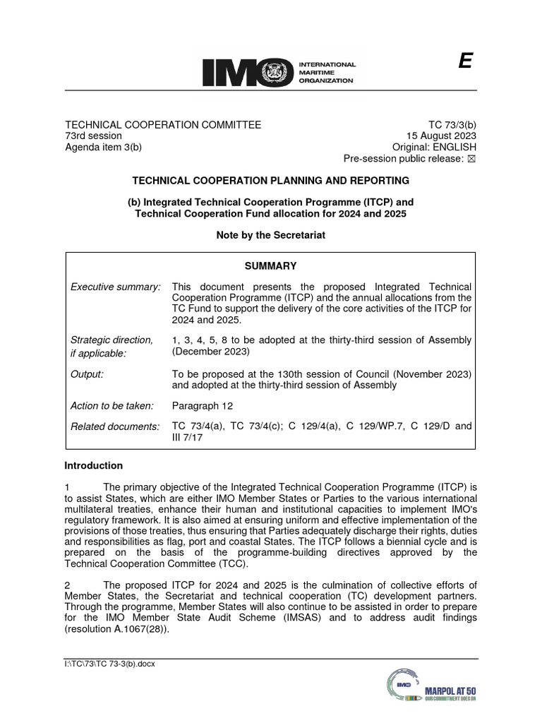 TC 73-3 (B) - (B) Integrated Technical Cooperation Programme (ITCP ...