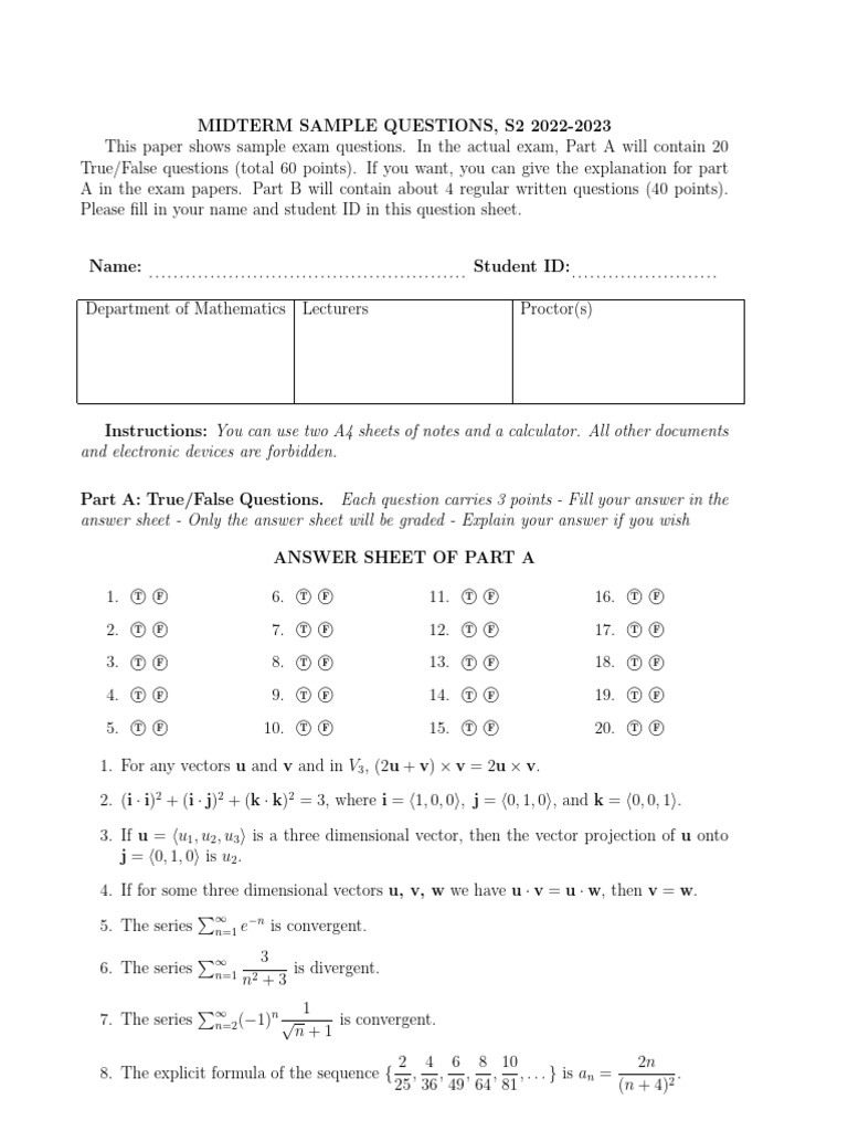 Cal2_Midterm_2023_Sample_with Answers | PDF | Functions And Mappings | Mathematical Concepts