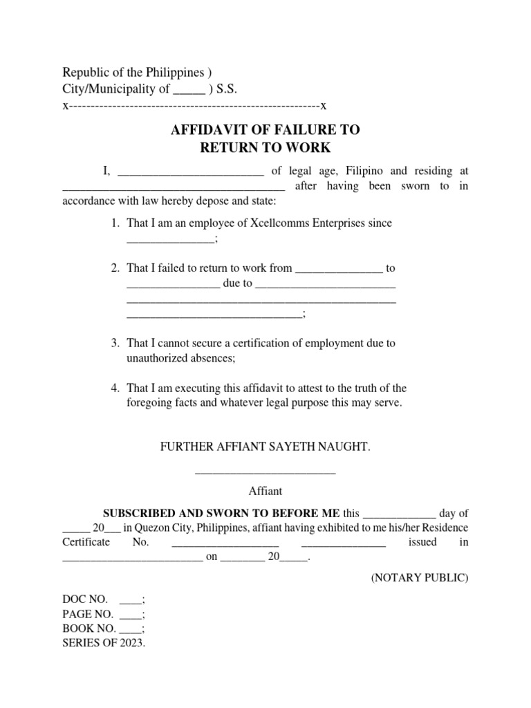 Affidavit of Failure To Return To Work | PDF