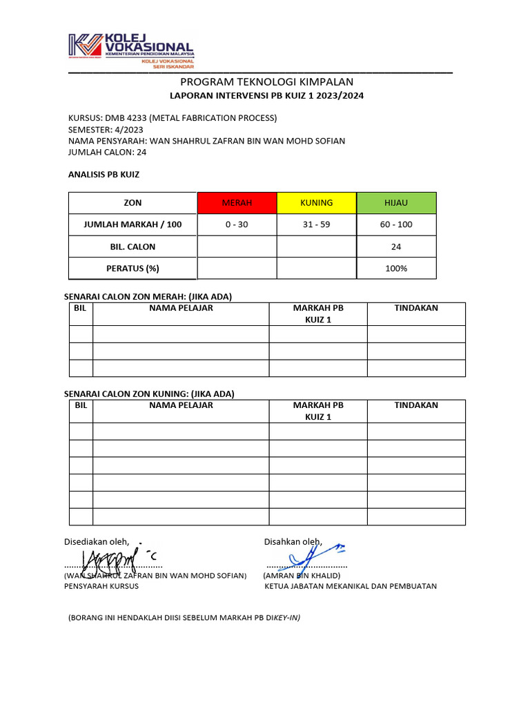 Borang Laporan Intervensi DMB 4233 | PDF