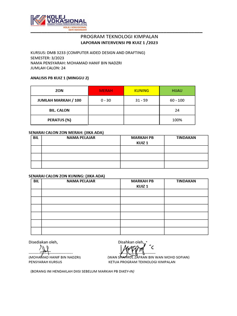 Borang Laporan Intervensi DMB 3233 | PDF