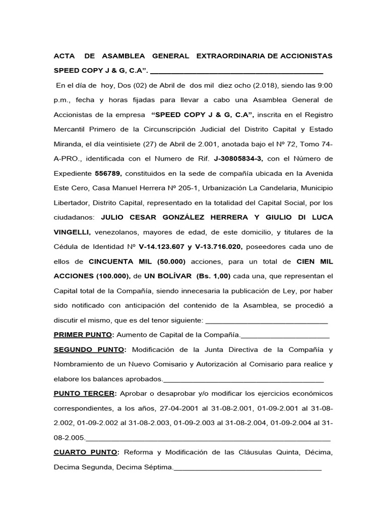 Acta de Asamblea General Extraordinaria de Accionistas Speed Copy ...