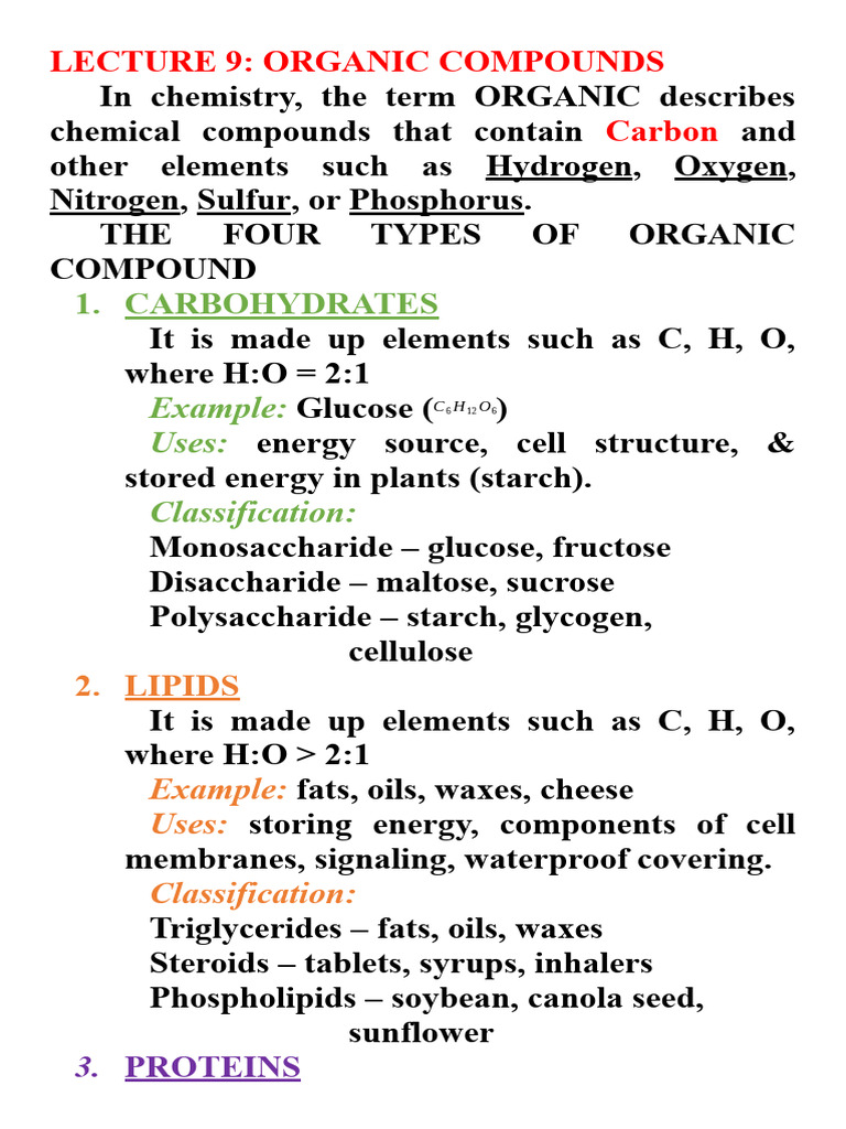 Organic Compounds (Carbohydrates, Lipids, Proteins, Nucleic Acid) | PDF
