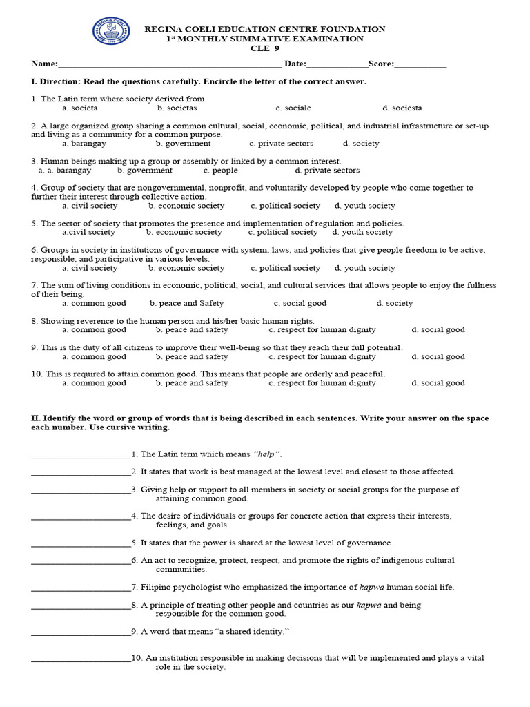 CLE 9 1stMSExam | PDF | Society | Common Good