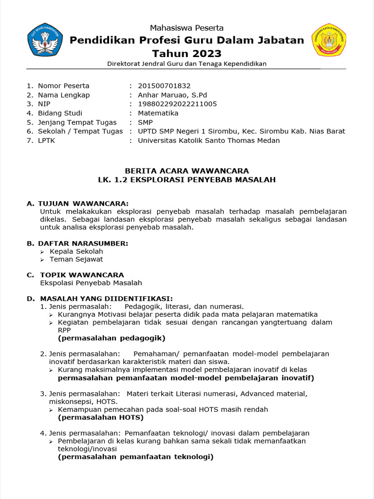 Berita Acara Wawancara Eksplorasi Penyebab Masalah | PDF