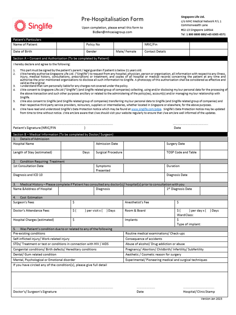 Singlife Pre-Hospitalisation Form | PDF | Surgery | Physical Examination