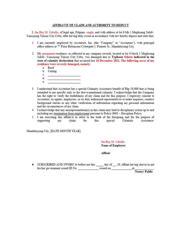 Affidavit of Claim and Authority to Deduct_Typhoon_Template (Odette ...