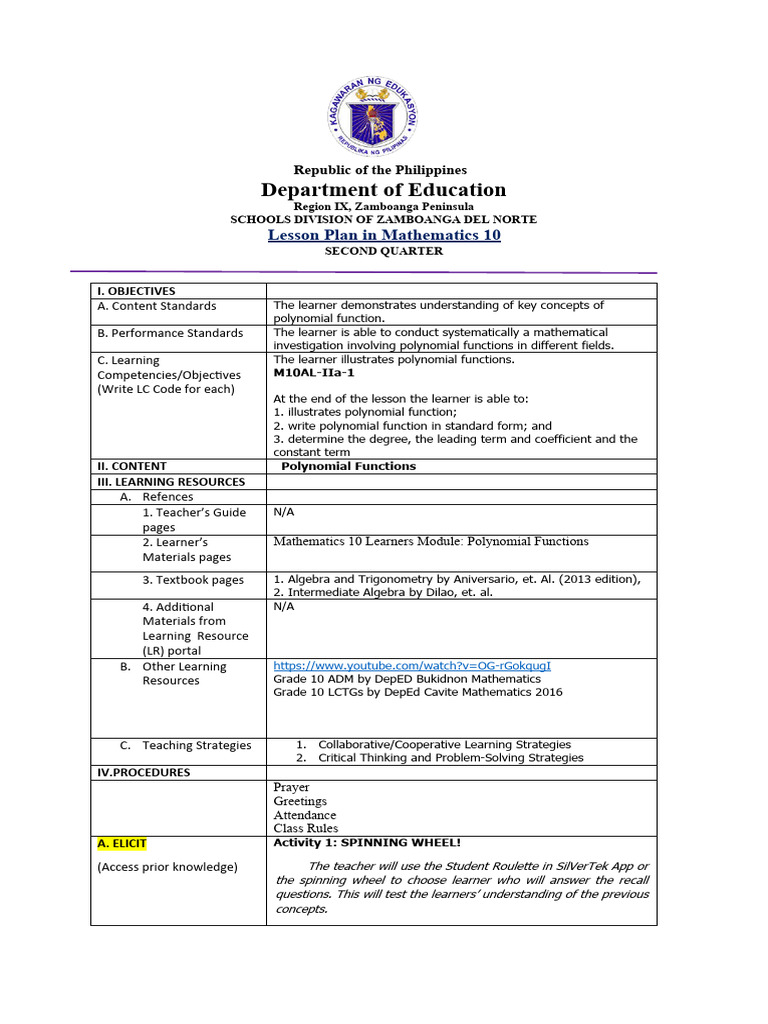 2nd - DEMO - DLP - Math 10 - 2ndQ Week1 Day1 | PDF | Polynomial | Learning