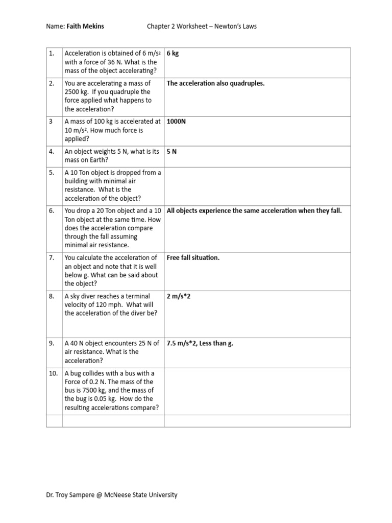 Chapter 2 Worksheet - Hybrid Problem 2 | PDF | Mass | Force