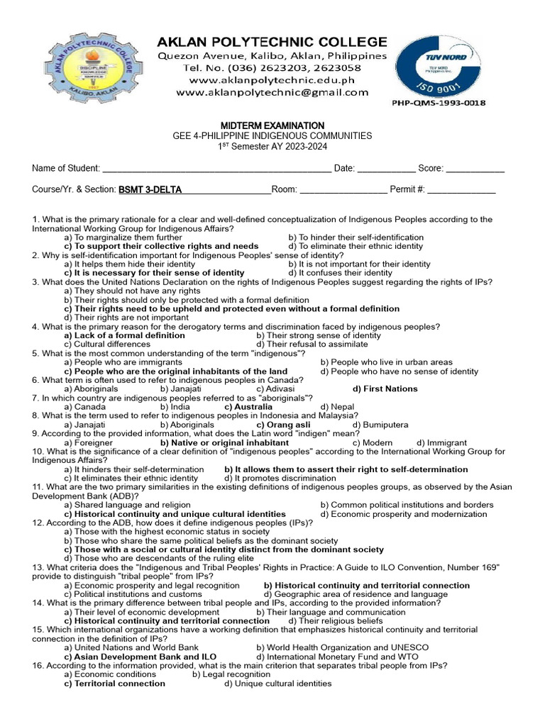 Pic Midterm Answer Key | PDF | Indigenous Peoples | Philippines
