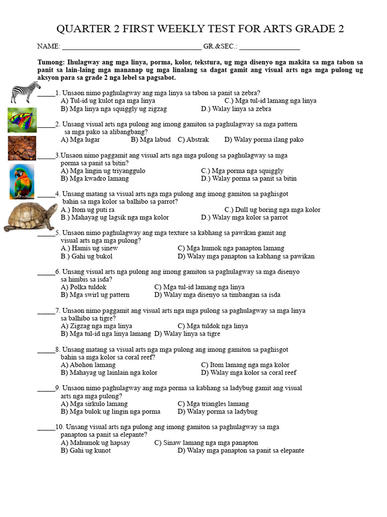 Quarter 2 First Weekly Test For Arts Grade 2 | PDF