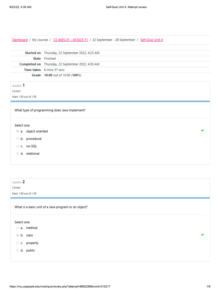 Self-Quiz Unit 4 - Attempt Review | PDF | Integer (Computer Science) | Method (Computer Programming)